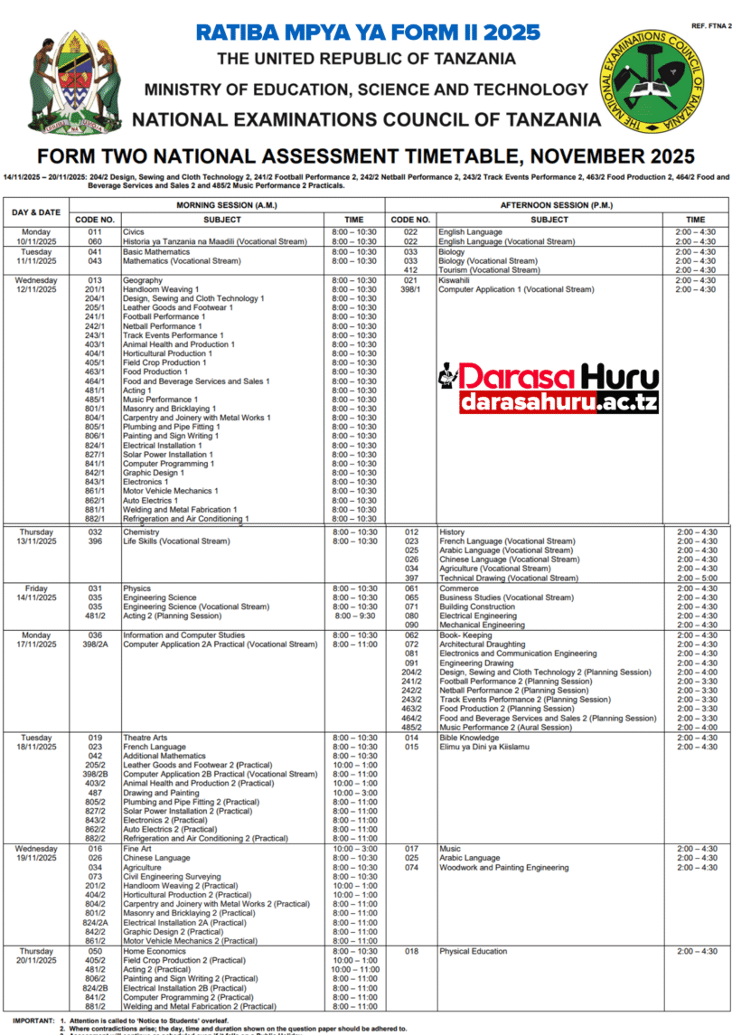 FTNA New Exam Timetable II 2025 (Ratiba Mpya ya Kidato cha Pili)
